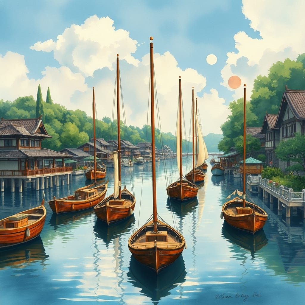 Ghibli peaceful Harbour with boats - Ghibli-Inspired Harbour...