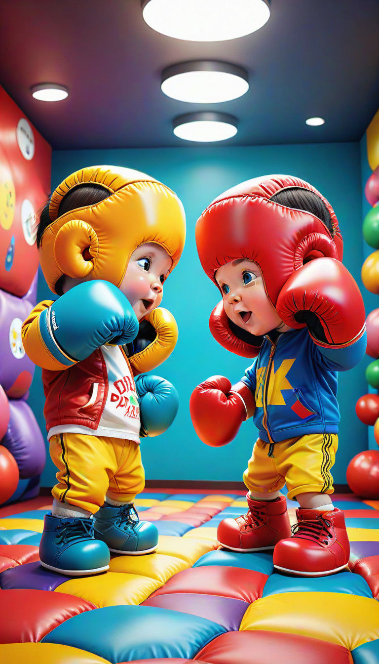 "Two one-year-old babies with oversized boxing gloves playfully facing ...
