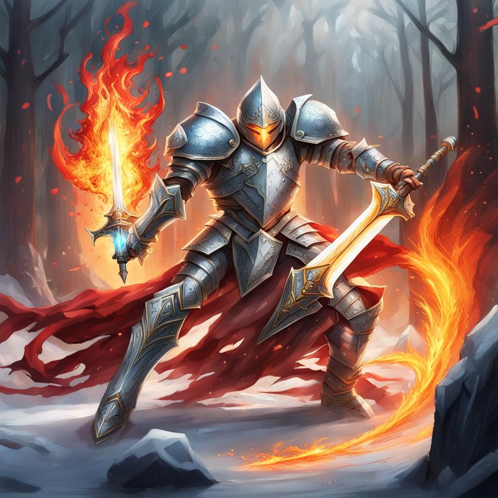 One knight wearing FIRE cyborg armor attacks with his sword of light ...
