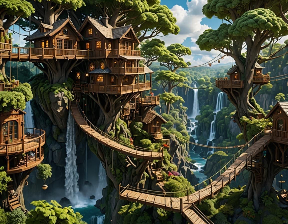 Modern Treehouse village - AI Generated Artwork - NightCafe Creator