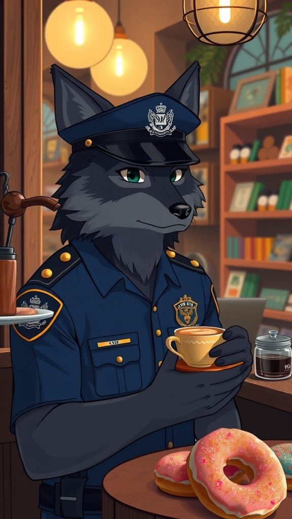 Werewolf Police Officer Sips Hot Chocolate in Whim... - AI Art