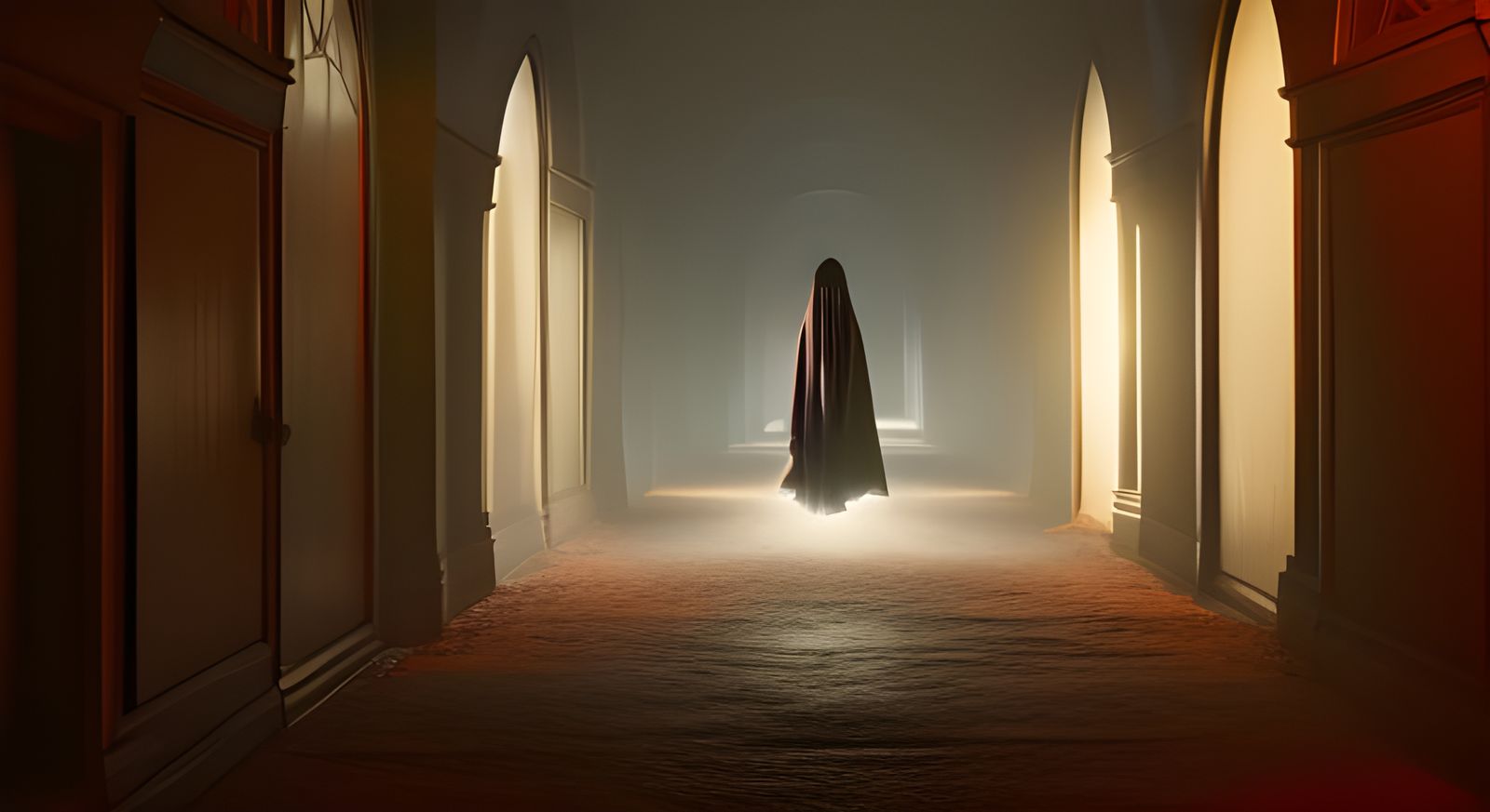 A visible spectral ghost haunting a spooky hallway. - AI Generated ...