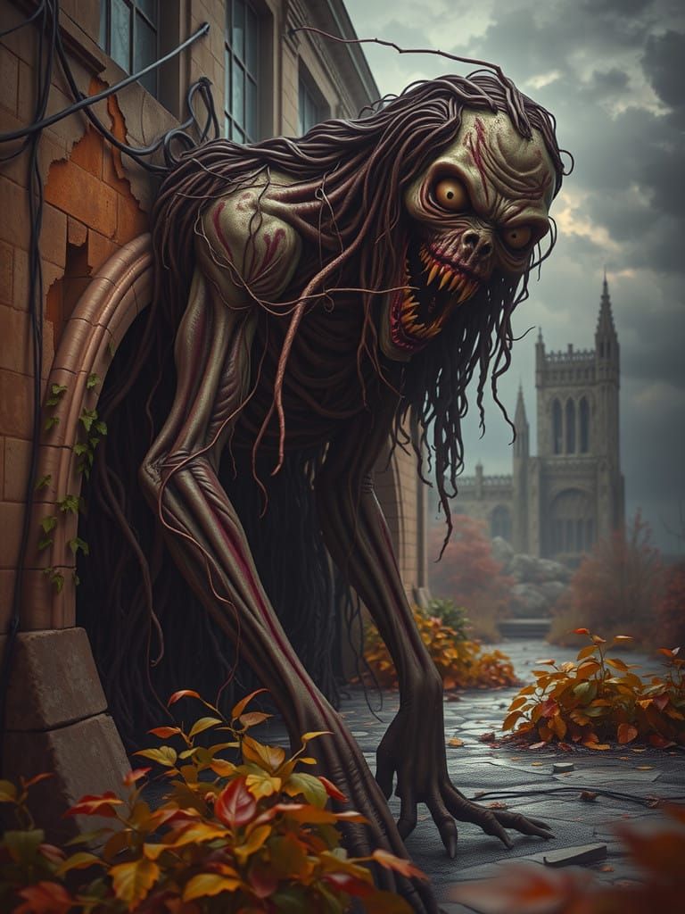 A decrepit, abandoned asylum with crumbling stone walls, overgrown with ...