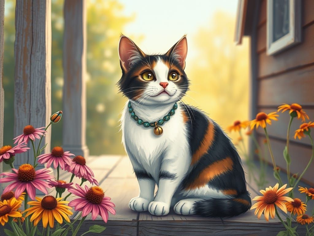 Calico Cat in Floral Display, Alcohol Ink Style - AI Art