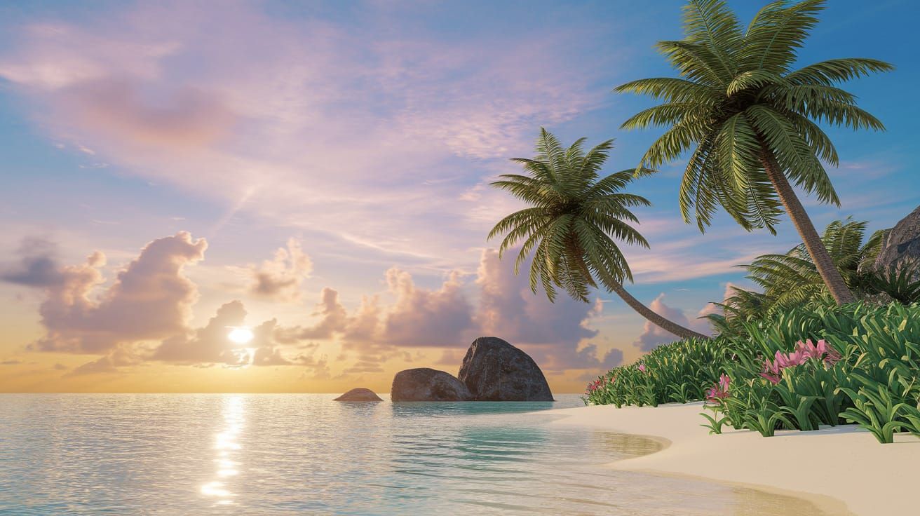 Vibrant Tropical Beachscape at Sunrise in Impressi... - AI Art