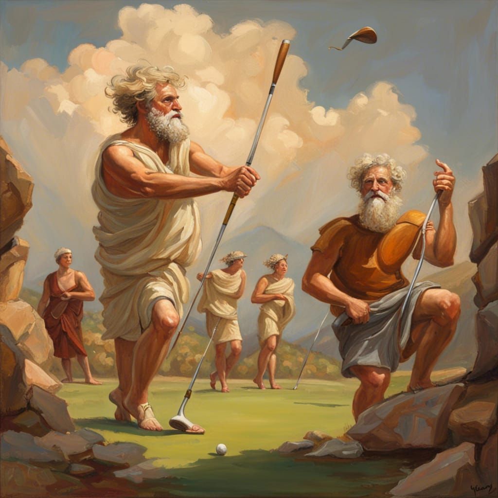 Greek gods playing golf. oil painting by James Gurney - AI Generated ...