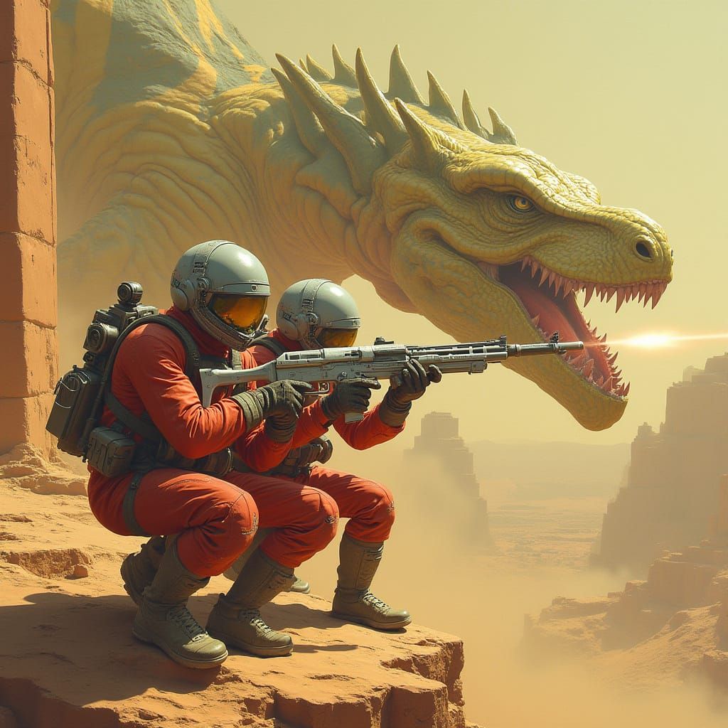 Vintage-Style Astro-Marines Battle Martian Sand-Dr... - AI Art