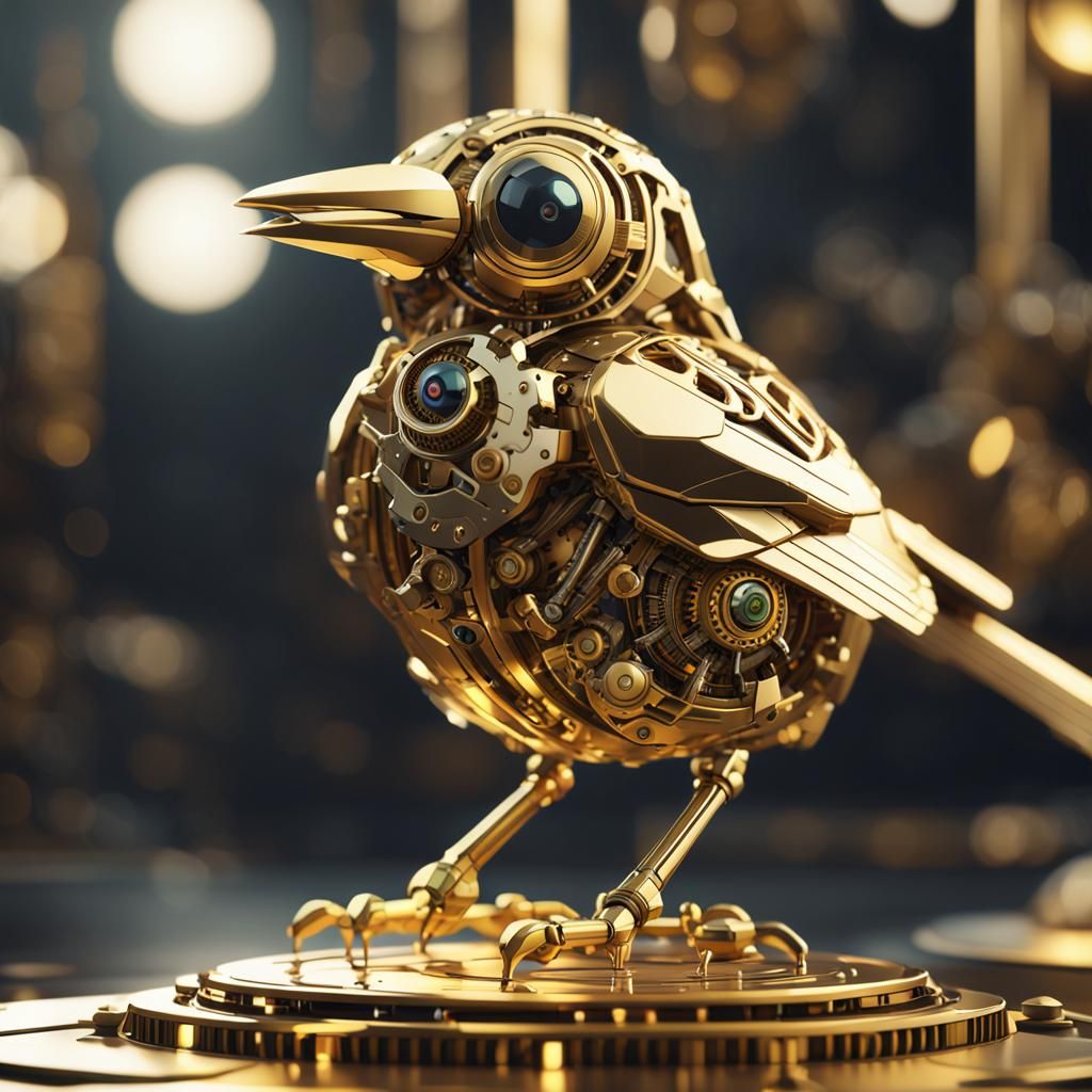 clockwork canary bird in brass and gold singing intricate mech details ...