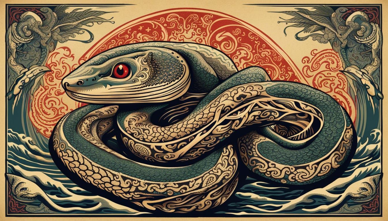 Anaconda transforming into a fantastic sea monster; Body covered in ...