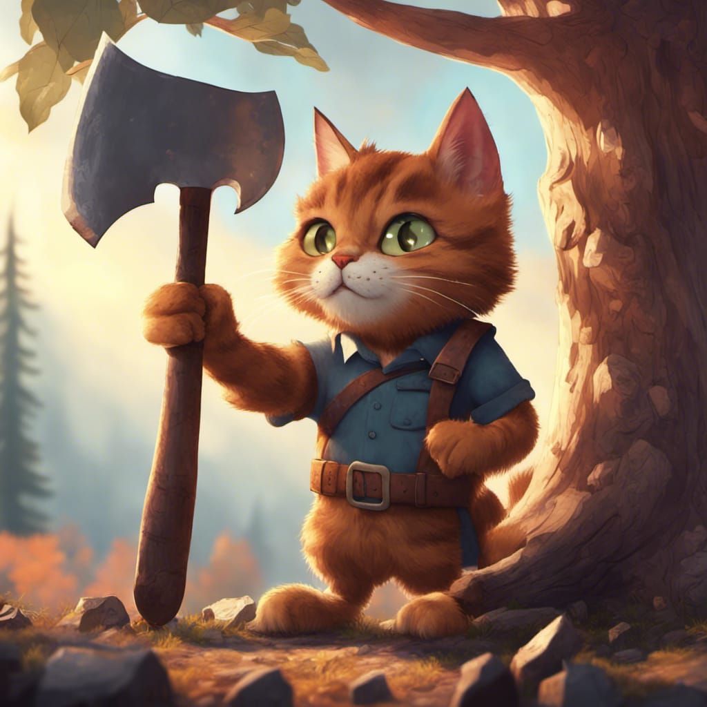A cat holding an axe and chopping down a tree. Fantasy lumberjack cat ...