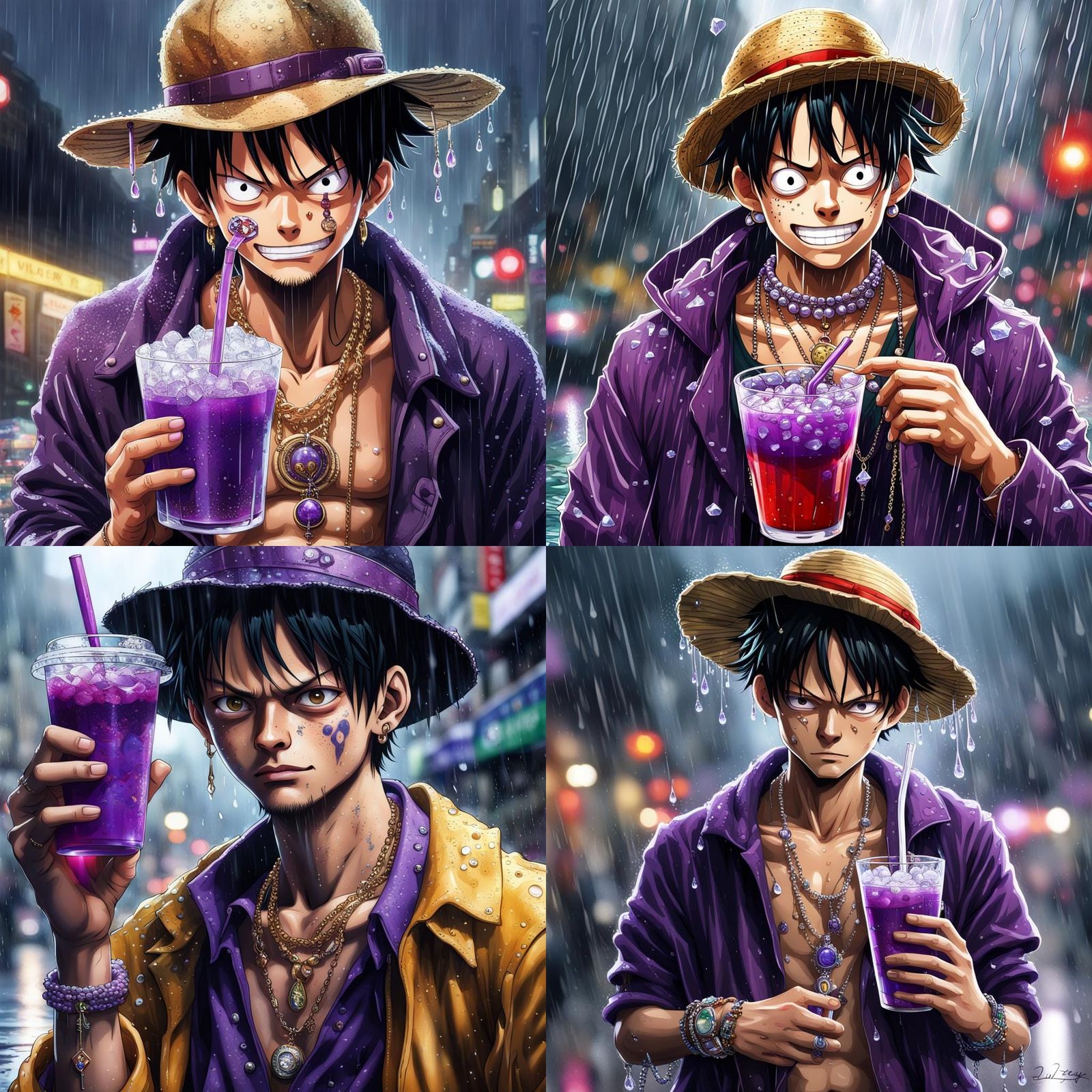 hyper realistic Luffy with iced out jewellery with a purple drink while ...
