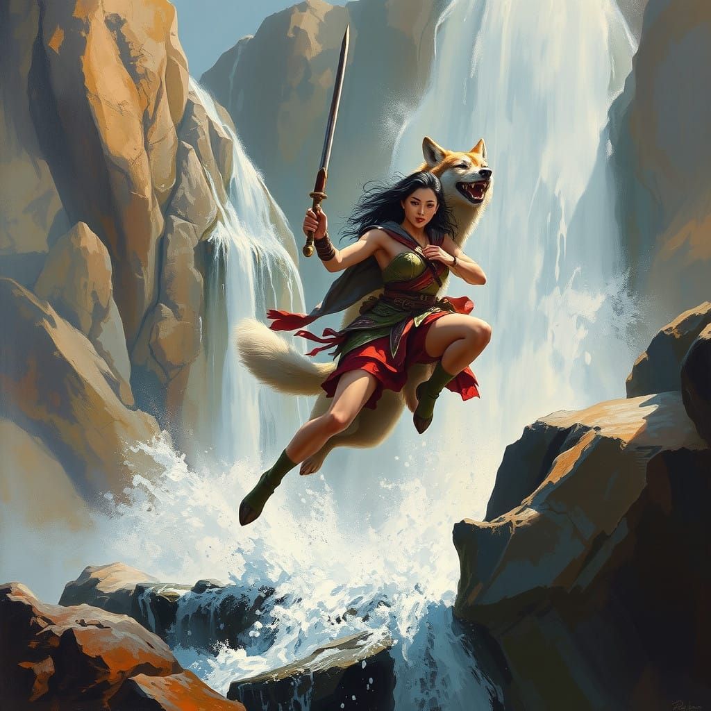 Asian Warrior and Her Wolf Leap into a Vibrant Wat... - AI Art