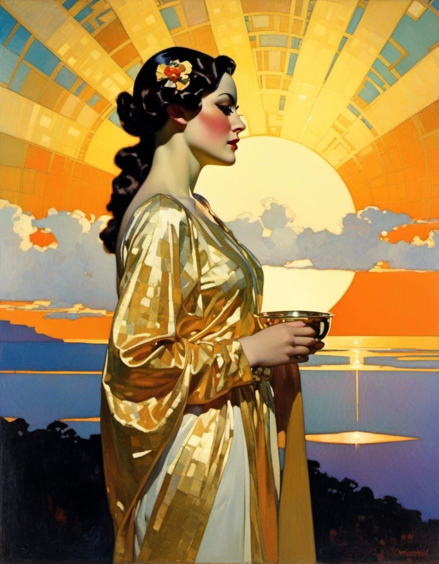 N.C. Wyeth, Olga portrait, golden shimmer, gilded sunset, sparkling celestial sky, radiant ...