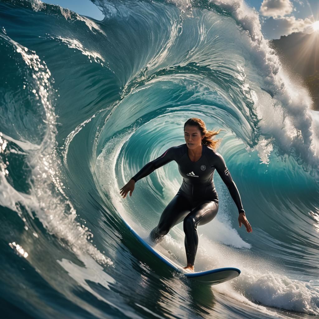close-up portrait, young woman surfing on a giant wave, tropical island ...