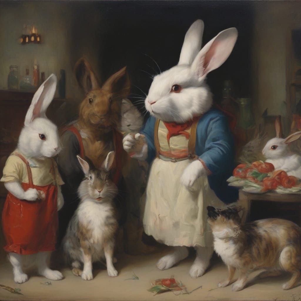 Whimsical Night Market Scene with Trickster Rabbit - AI Art