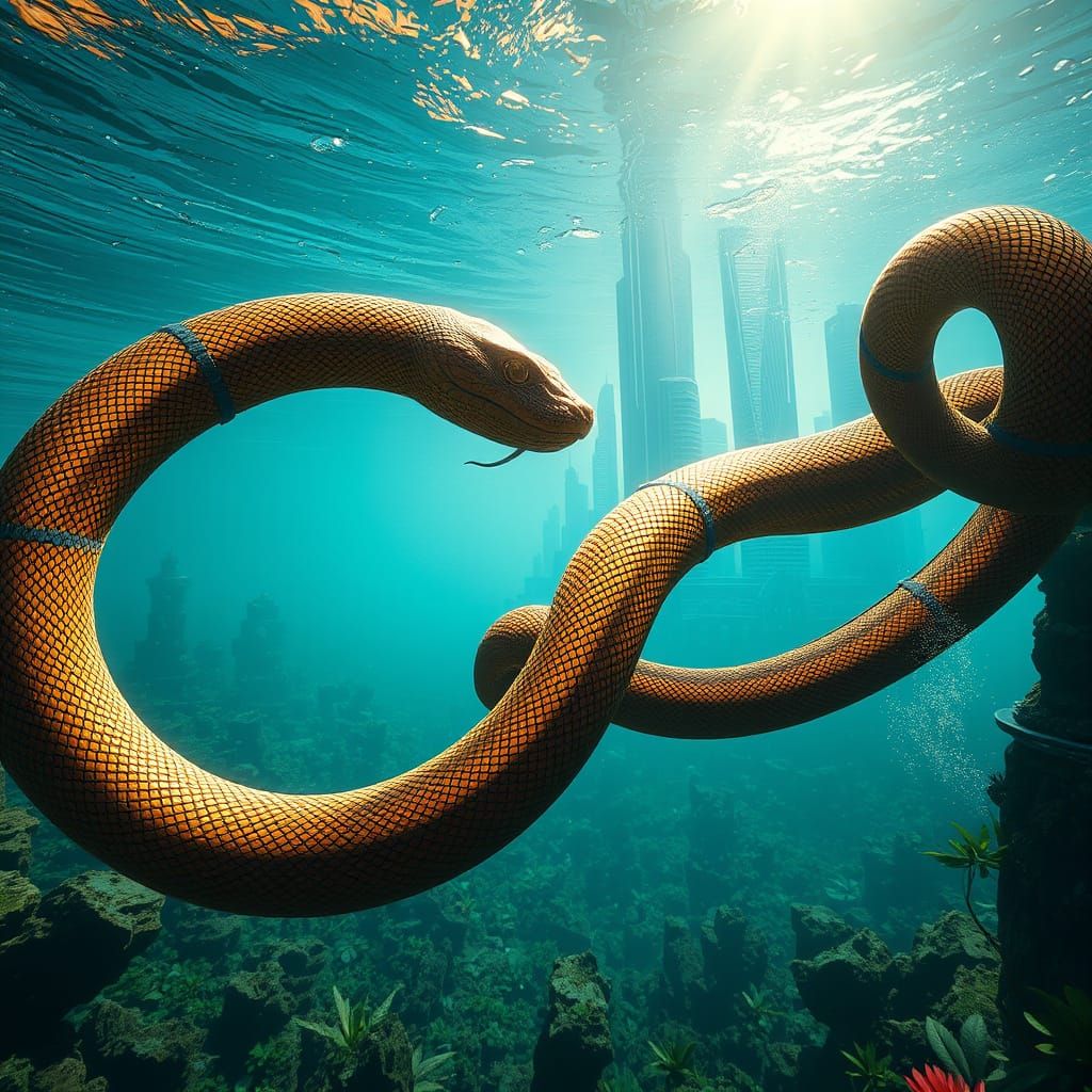 Huge copper snake underwater - Surreal Underwater Metropoli...