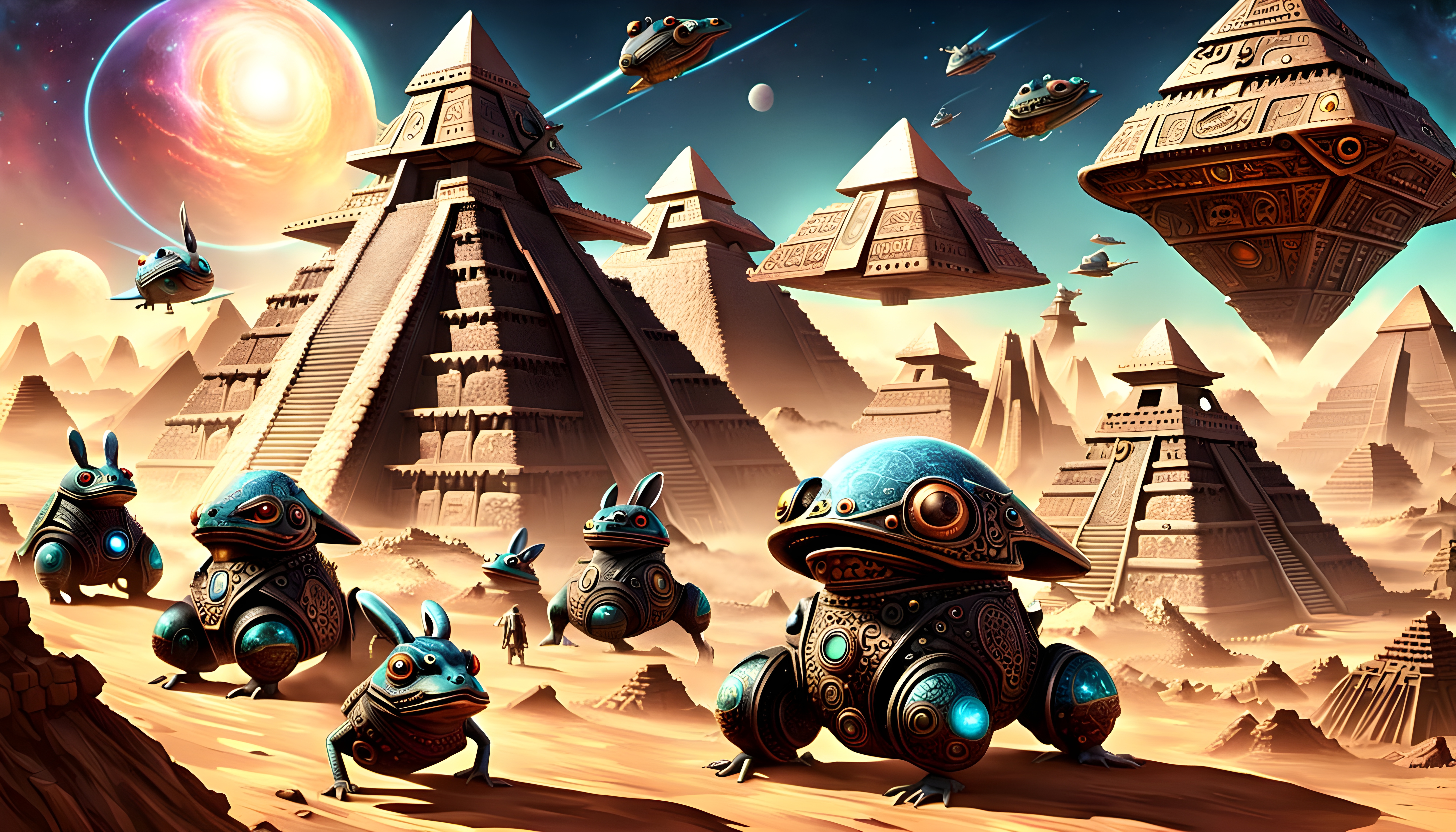 Space frogs arrive in the Aztec city to help build the pyramids.