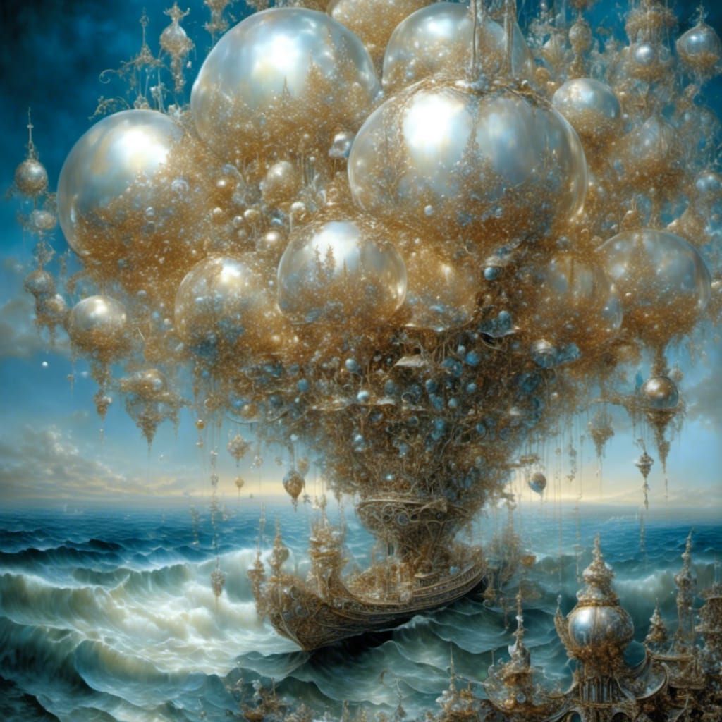 a calm shimmering ocean with fantastical formations with mother-of ...