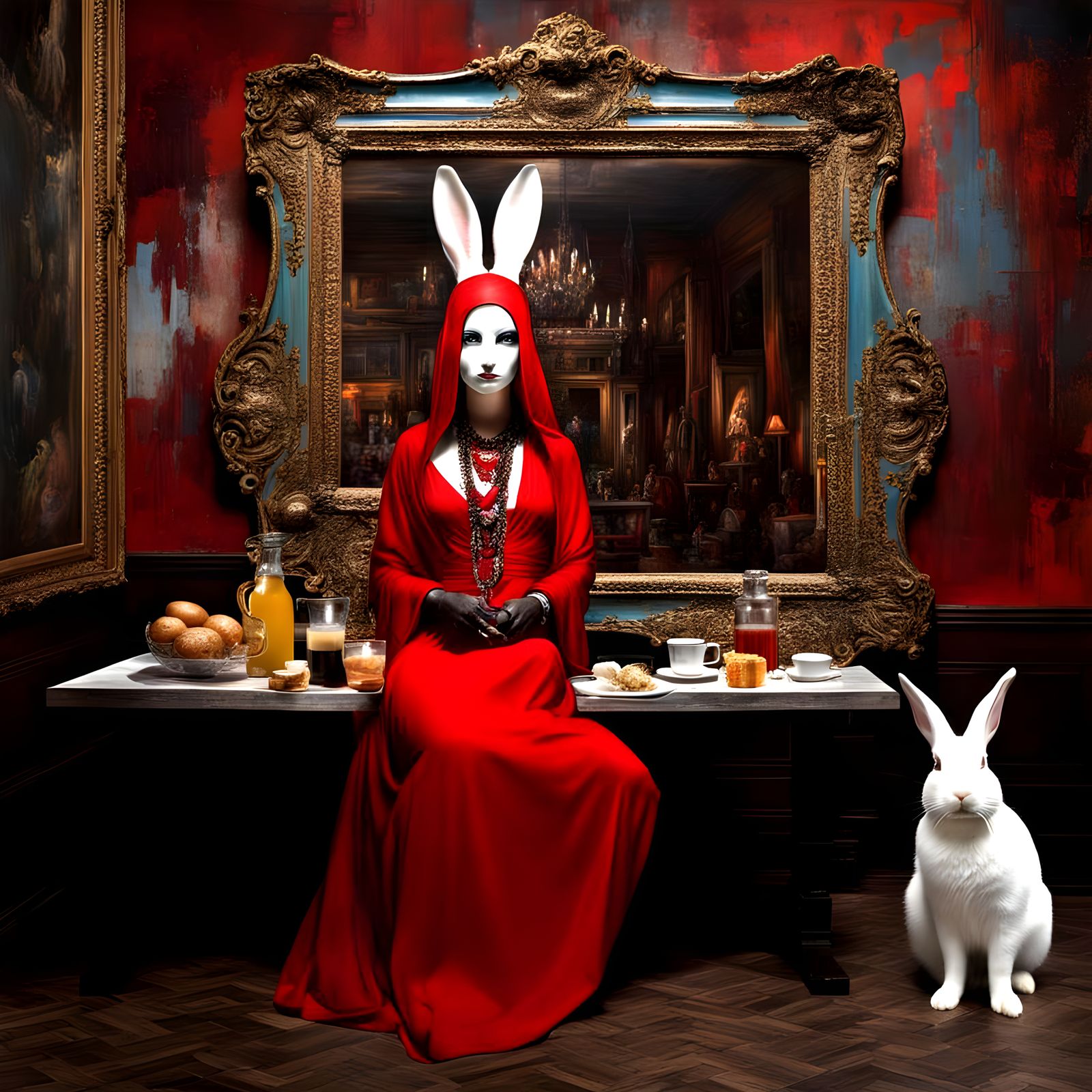 Digital priestess rabbit, nightcafe, ruby, peeling paint, oils ...