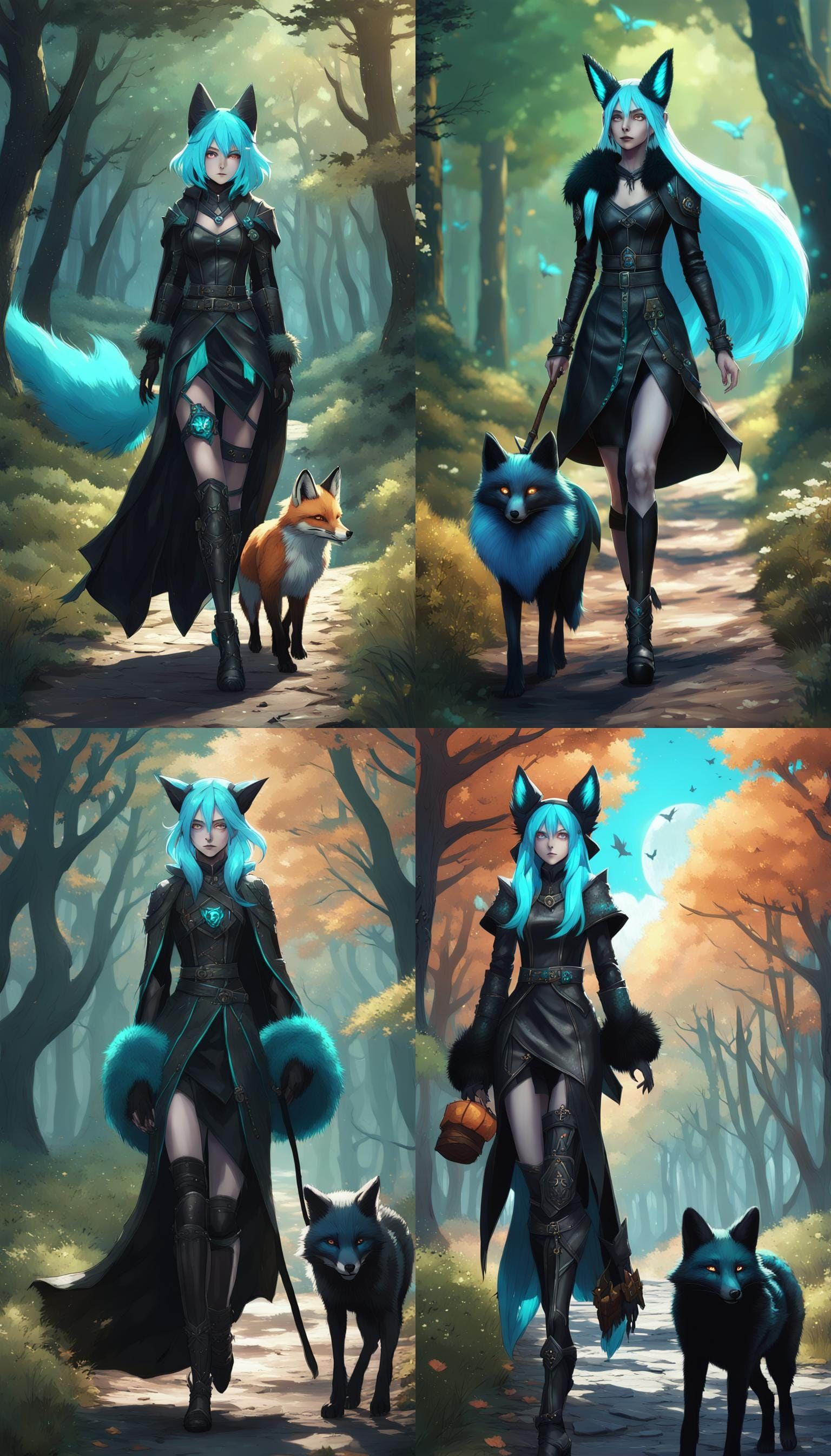 dark elf witch wearing a black leather dress walking on a forest path ...