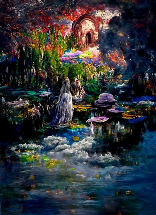 Magical spiritual fantasy landscape by Claude Monet and Leonardo da ...