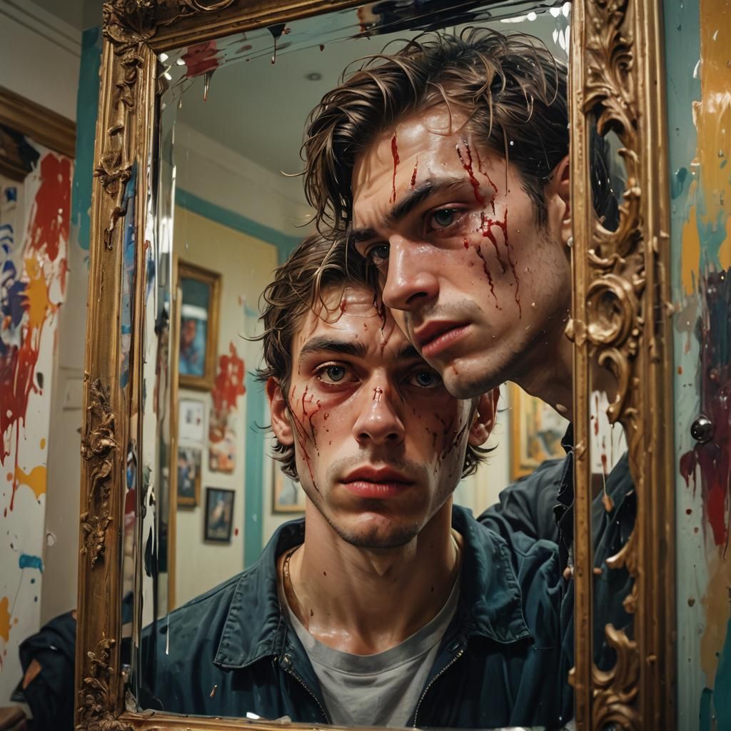 Hideous, evil, reflection in mirror when young man gazes in mirror - AI ...