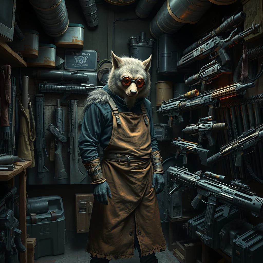 Realistic Sci-fi weapons shop, Wolfman shopkeeper standing by a gun ...