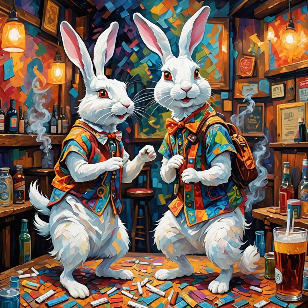 Vibrant Ethereal Collage style, two white rabbits wearing hippy clothes ...