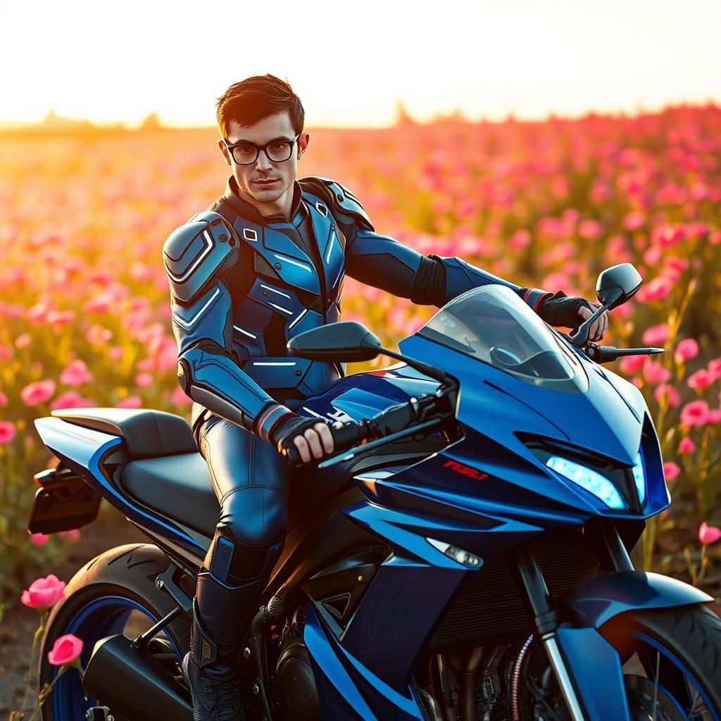Man in High-Tech Body Armor on Sleek Blue Motorcyc... - AI Art