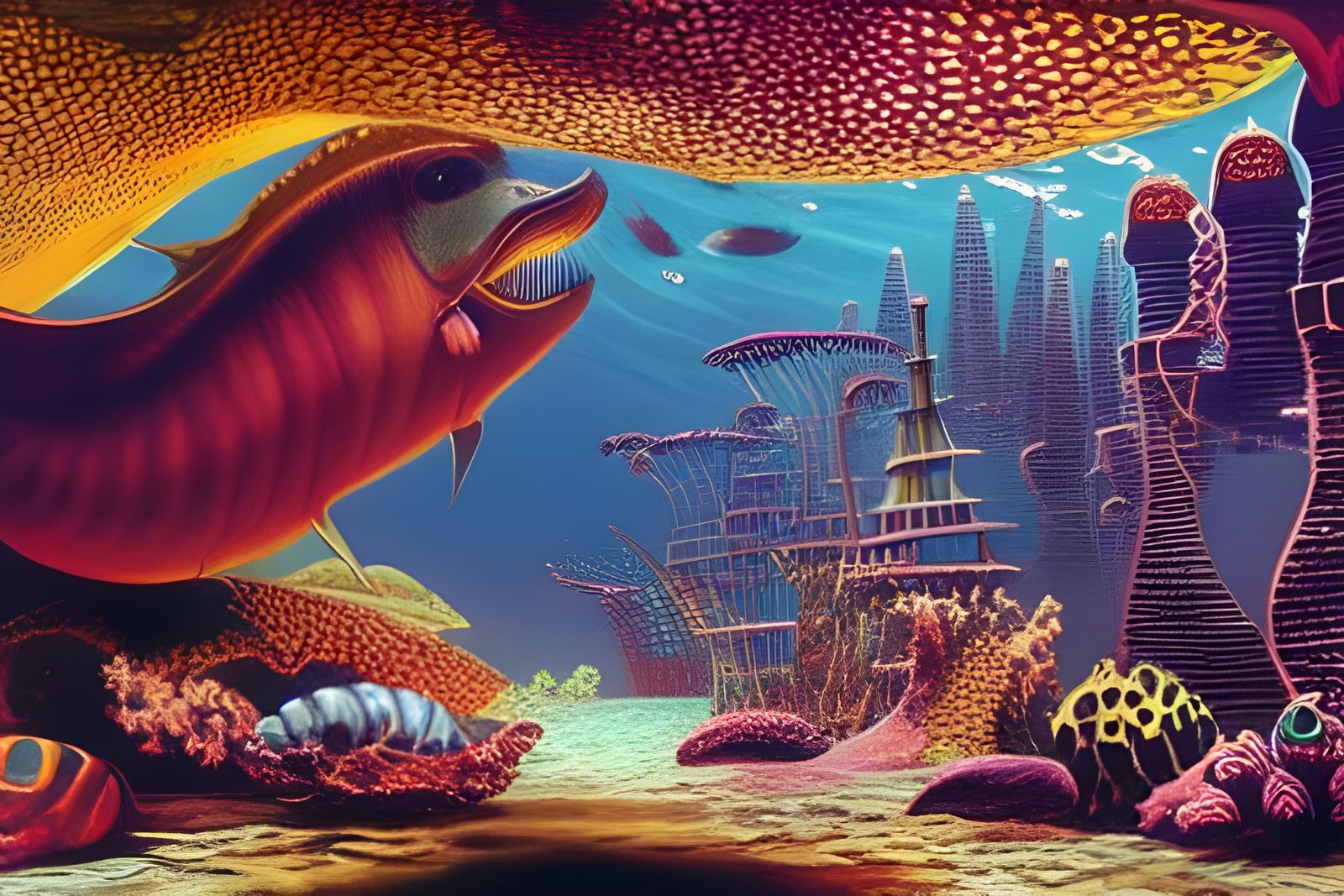 An underwater city full of life, vibrant, hyperdetailed, by captain ...