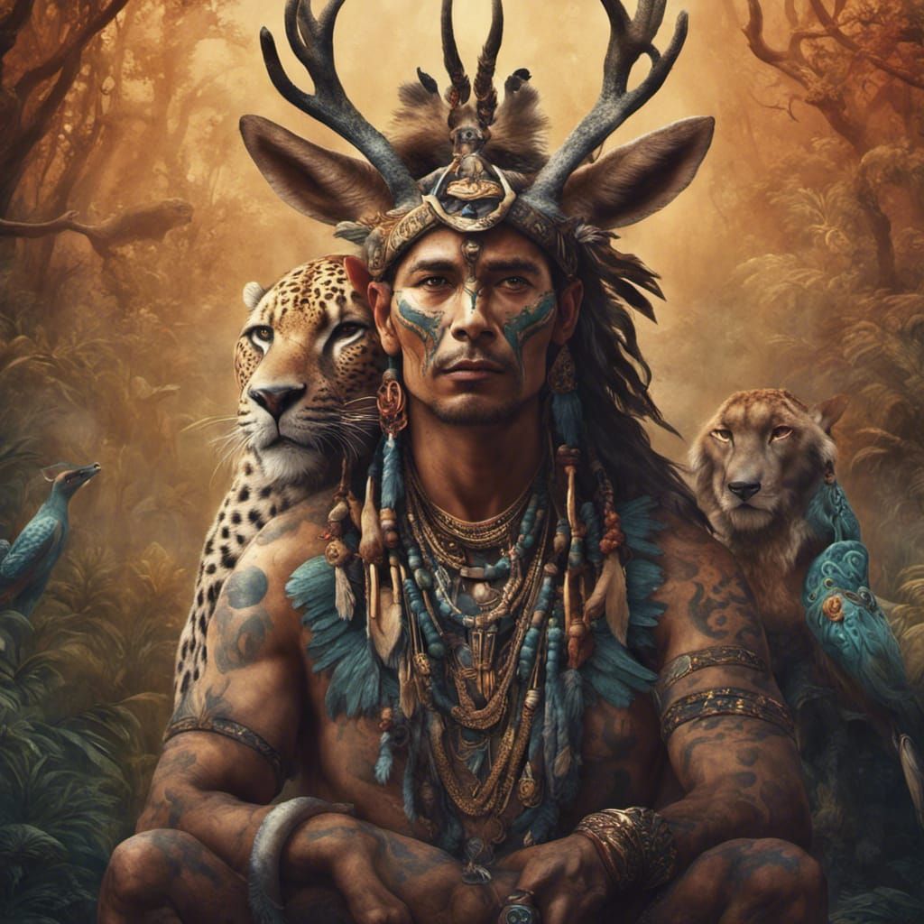 South American shaman, with a powerful jaguar on his left and a ...