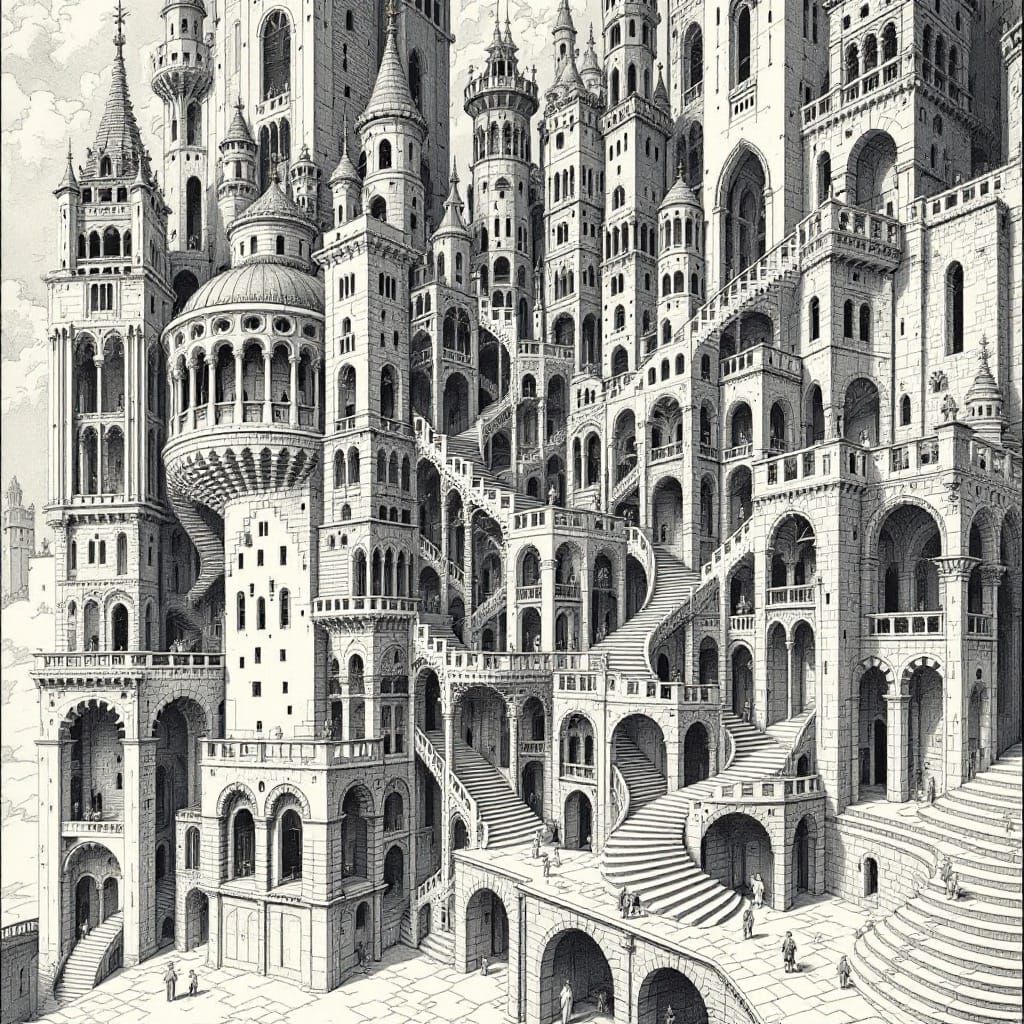 A surrealistic M.C.Escher drawing of a castle
