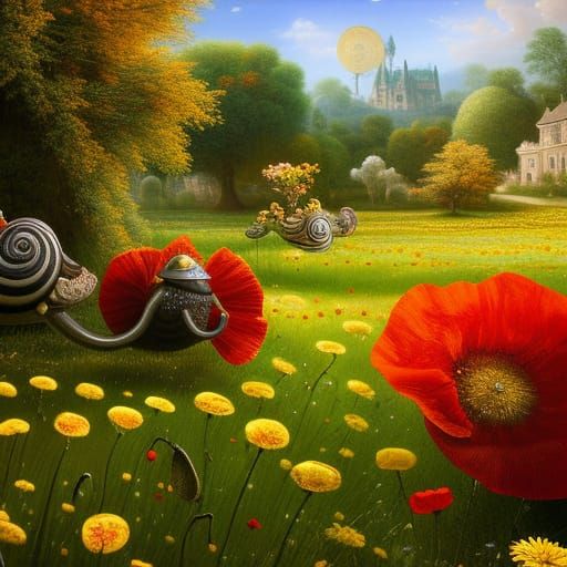 two cheerful clowns sitting on a giant snail play music. Beautiful background with a big tree ...