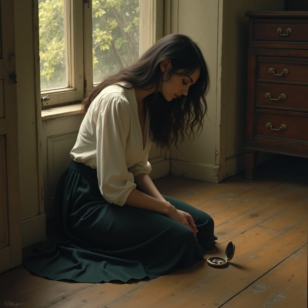 Young Woman Contemplates a Locket in a Soft, Golde... - AI Art