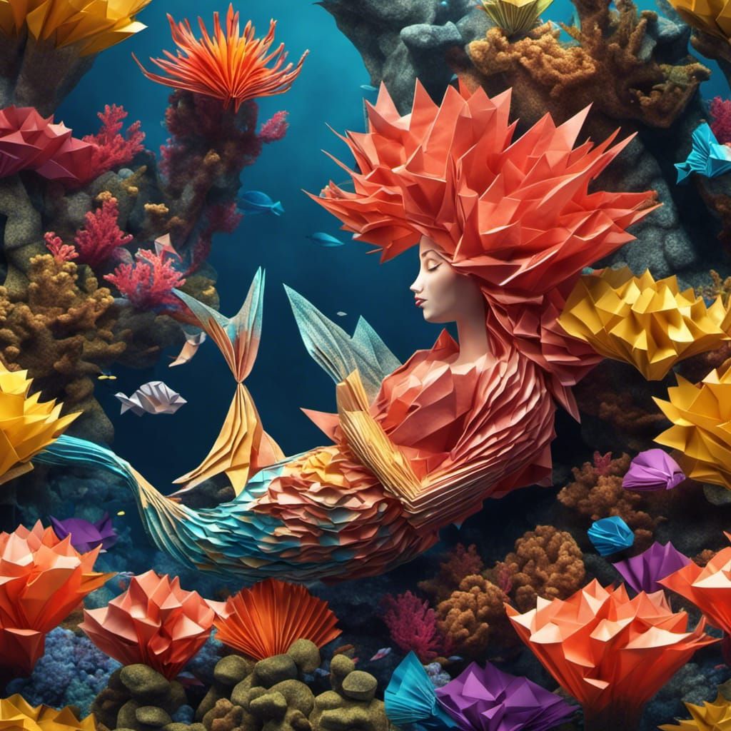 Beautiful origami mermaid swimming along an epic origami coral reef ...