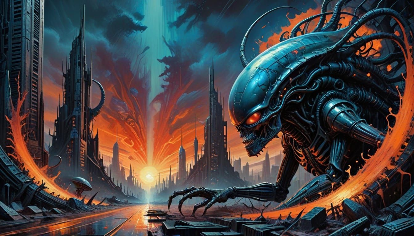 The Toll Collector - Surreal Alien Invasion at Dusk in Abstr...