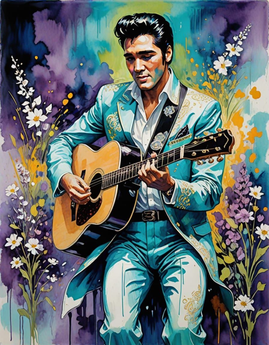 blackk light turquoise smiling elvis presley playing guitar , neo ...
