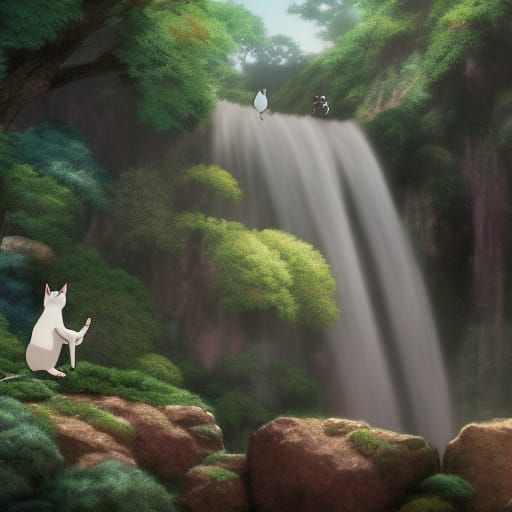 a waterfall with a cat going down - AI Generated Artwork - NightCafe ...