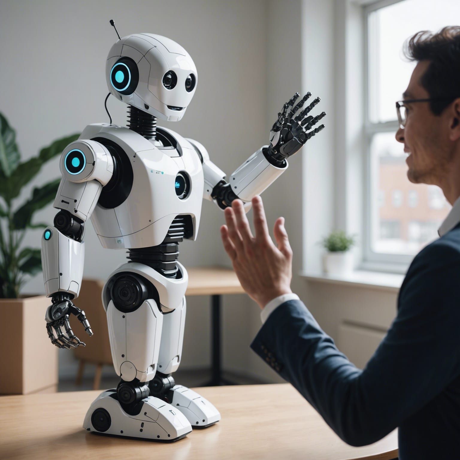 A robot gives a high five to a human, hands pressed together, touching ...