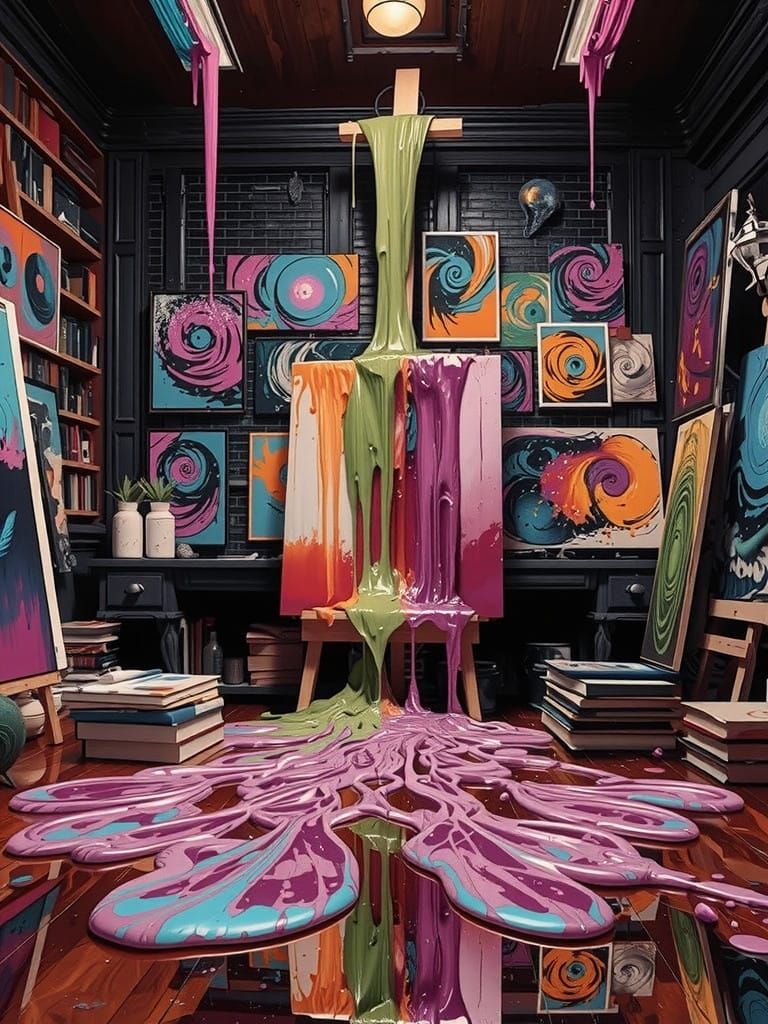 Liquid paint pouring off a canvas, flooding the floor, artist studio ...