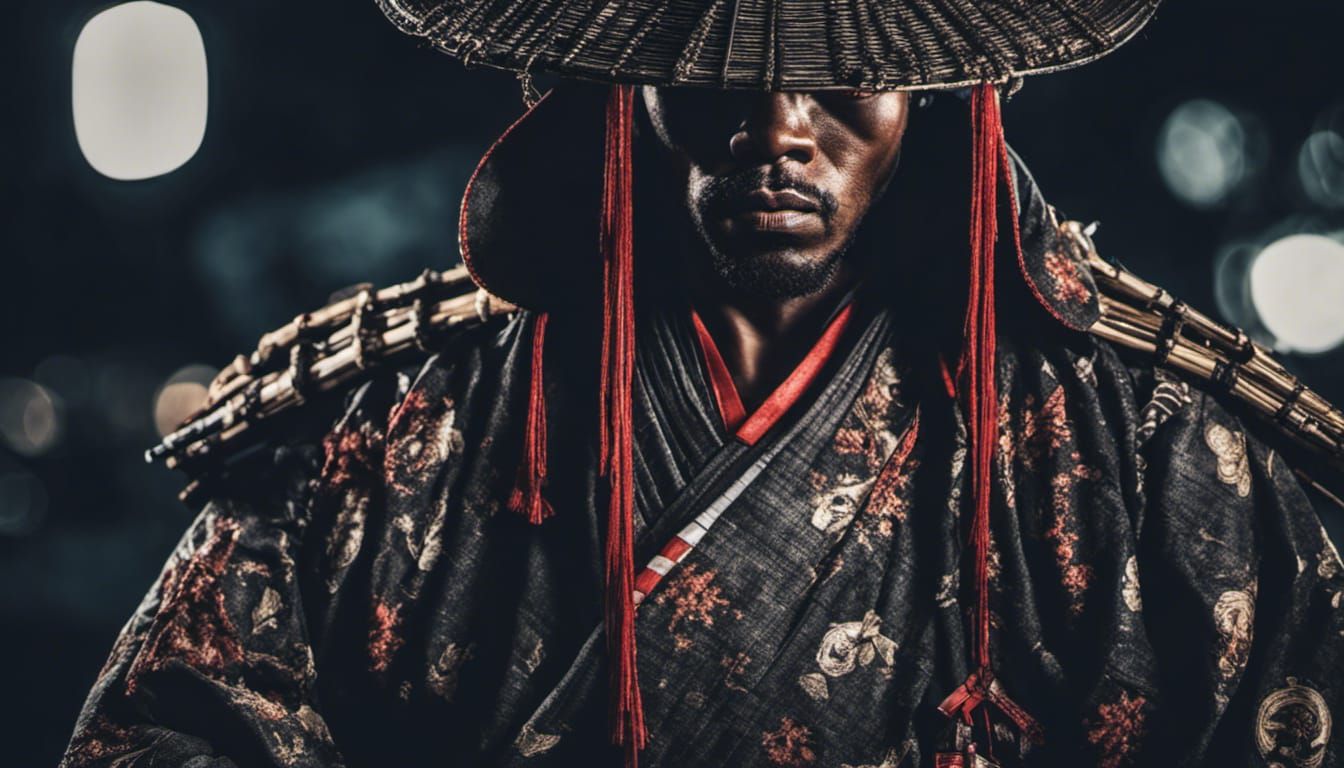 Portrait of a samurai black men wearing tipical samurai clothes at ...