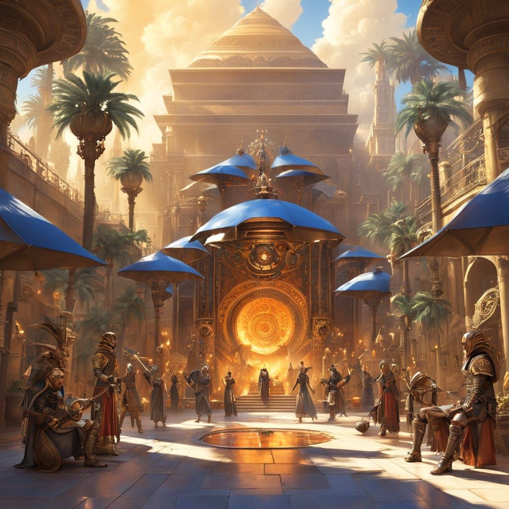 vibrant Egyptian courtyard bustling with steampunk elements. Guards in ...