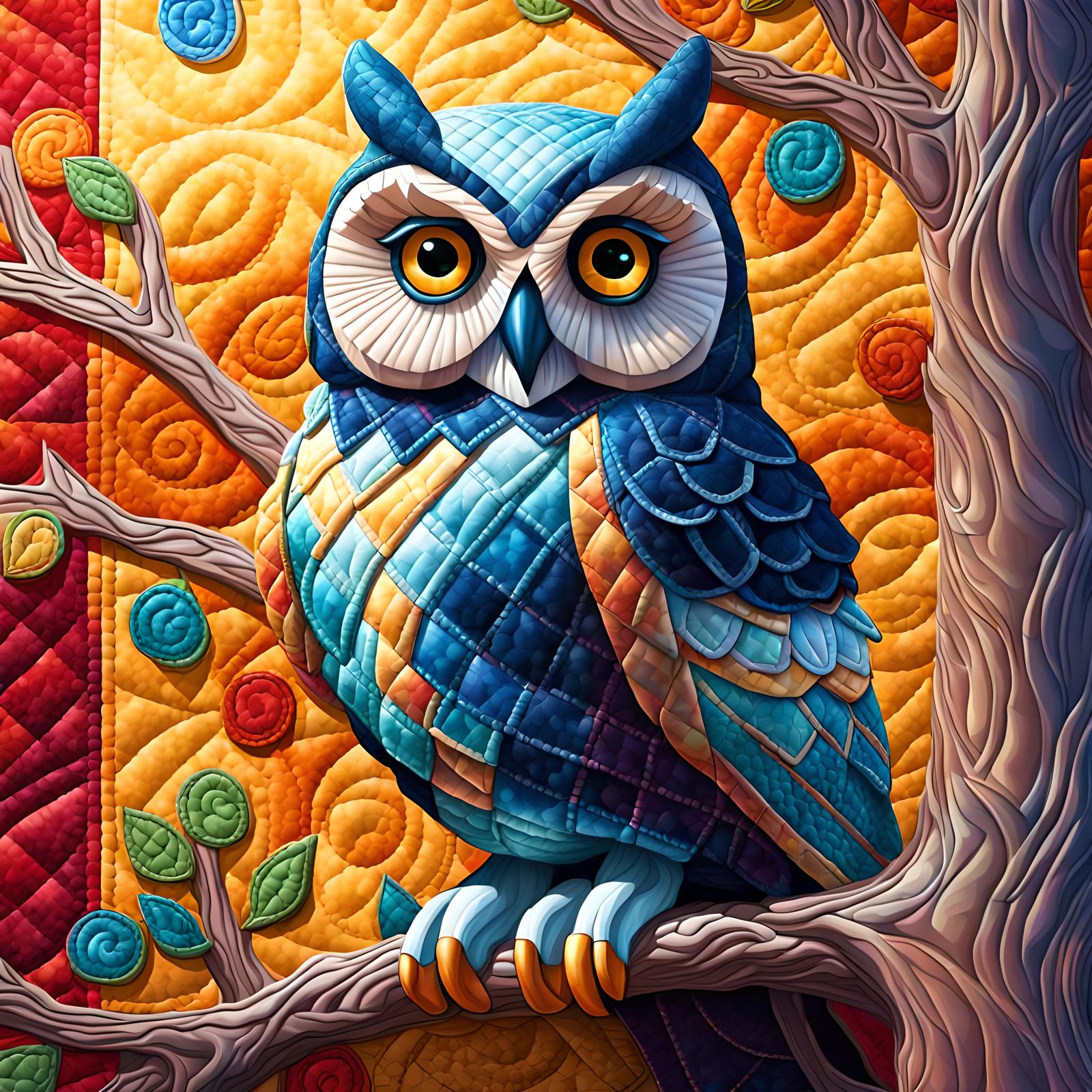A beautiful quilted owl sat on a quilted tree, in the style of quilting ...