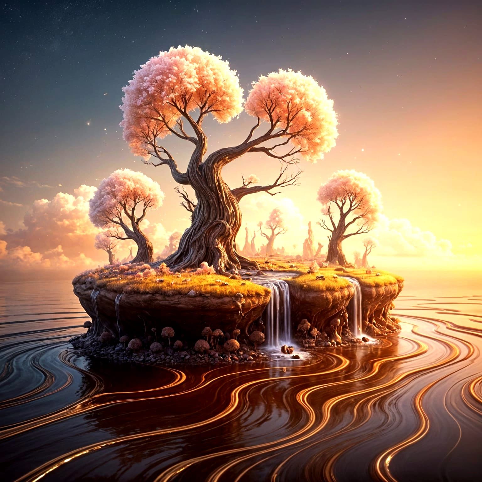 Candy Floss Trees on a Caramel Cookie Island floating in a Chocolate Sea.