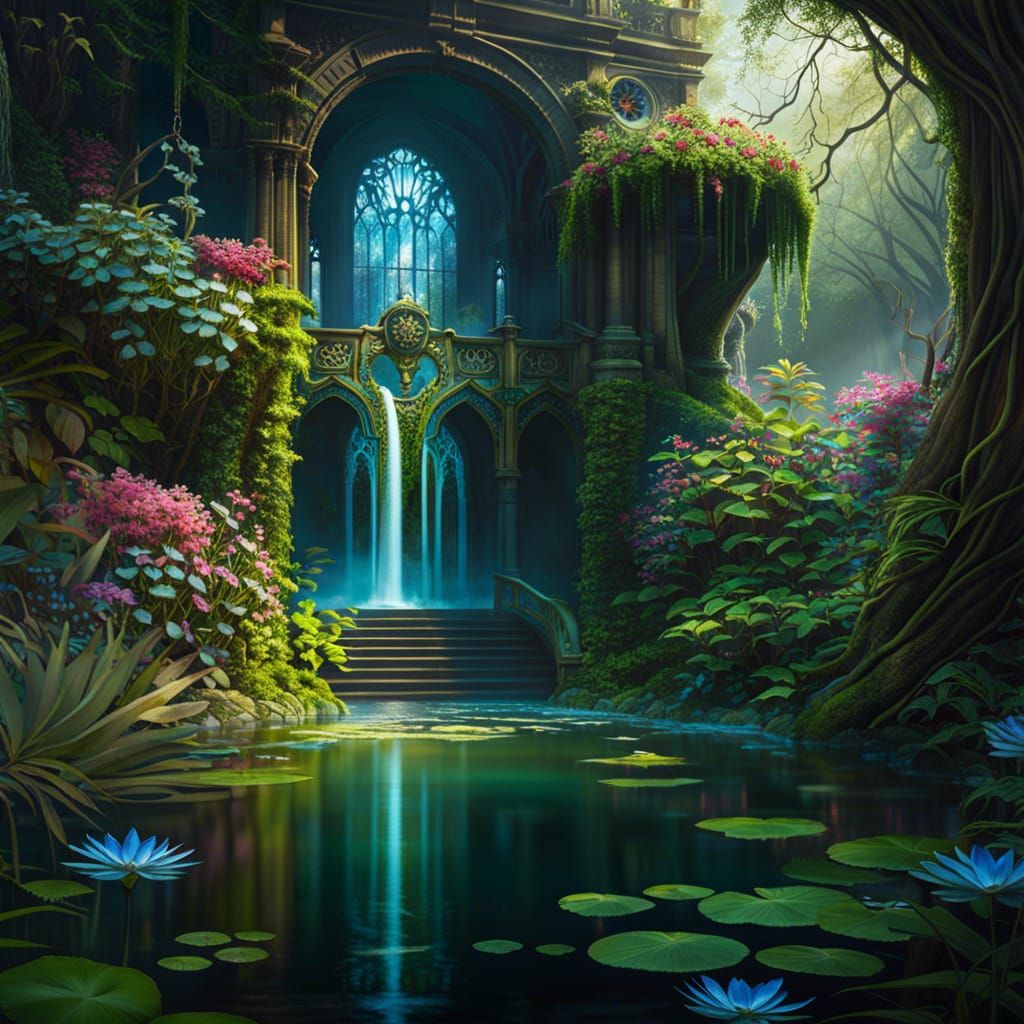 Overgrown waterfall temple - AI Generated Artwork - NightCafe Creator