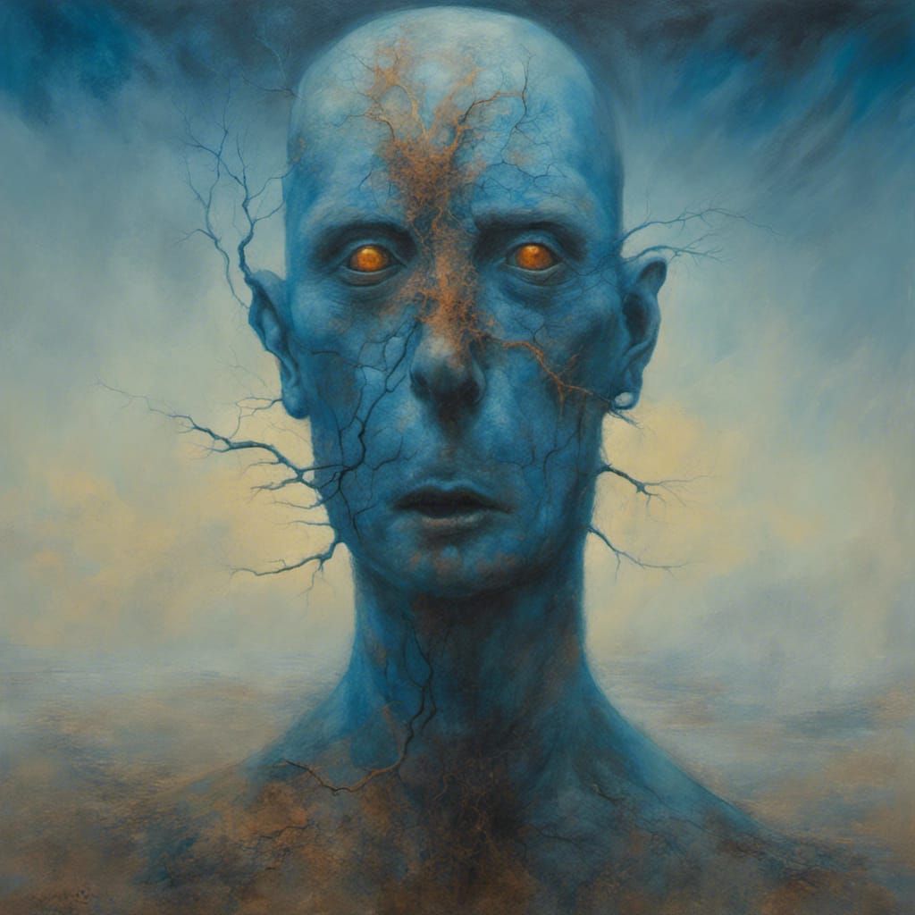 painting in the style of Zdzislaw Beksinski, paints nightmares, blue ...