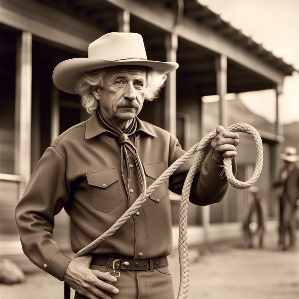 Albert Einstein Western teamed with a cowboy hat and a whip - AI ...