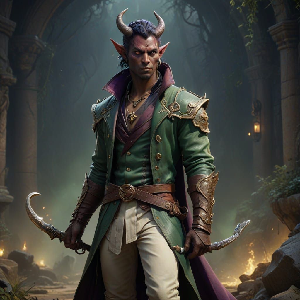 Teifling male, bald, maroon skin, short curved horns with green and ...
