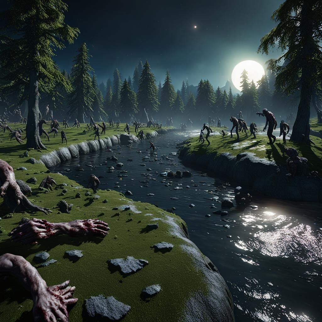 solar eclipse over river as zombies rise from ground ,magnificent ...