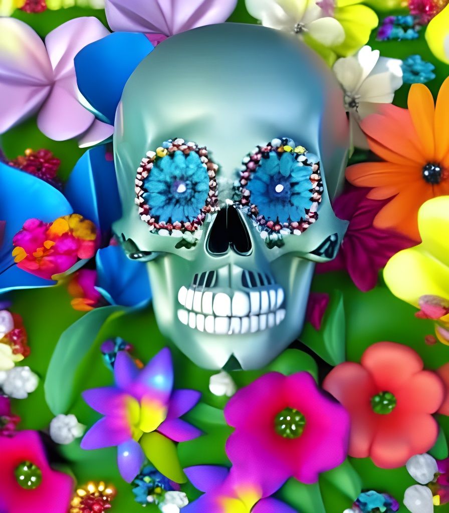 complete human skull silver surrounded by colorful flowers sugar skull ...
